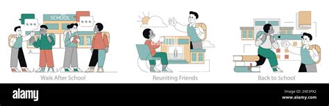 Back To School Set Students Engaging In Post Class Socialization And