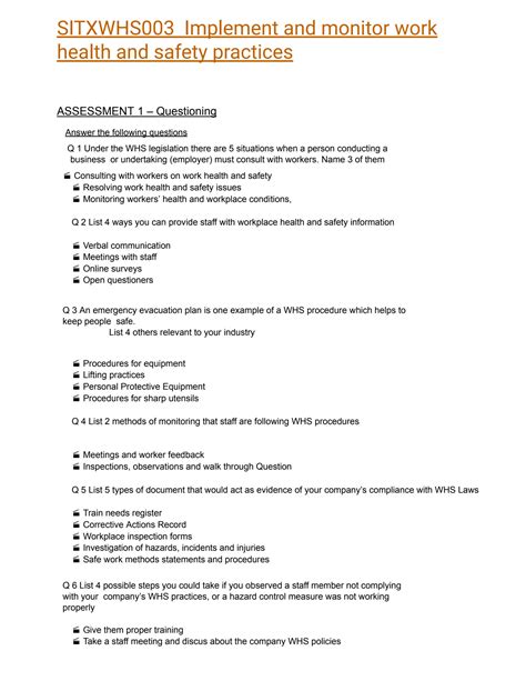 SOLUTION Sitxwhs003 Implement And Monitor Work Health And Safety Practices Studypool
