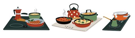 음식 요리 스토브에 요리 쿡탑에 냄비와 팬 식사 준비 과정 파스타와 수프 준비 냄비에 고기 스테이크 커피 Cezve 주방 오븐 세트 화려한 벡터 개념 스테이크에 대한 스톡