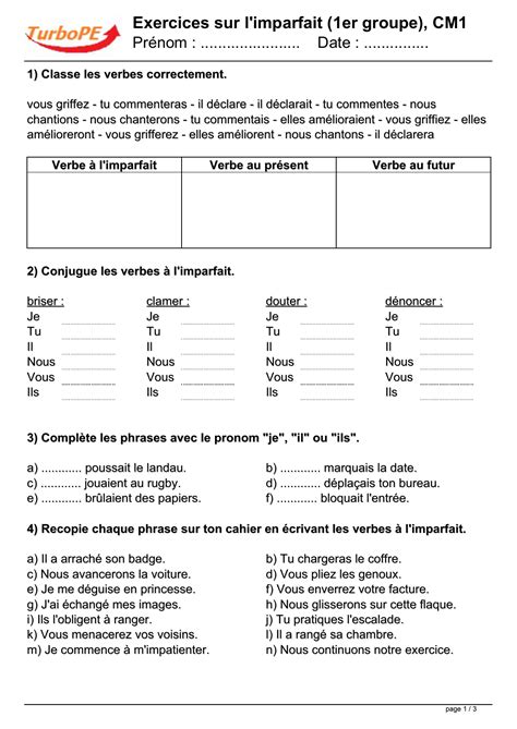 Futur Exercice De Conjugaison Cm Imprimer Cm Exercices L Imparfait Des Verbes Du Me
