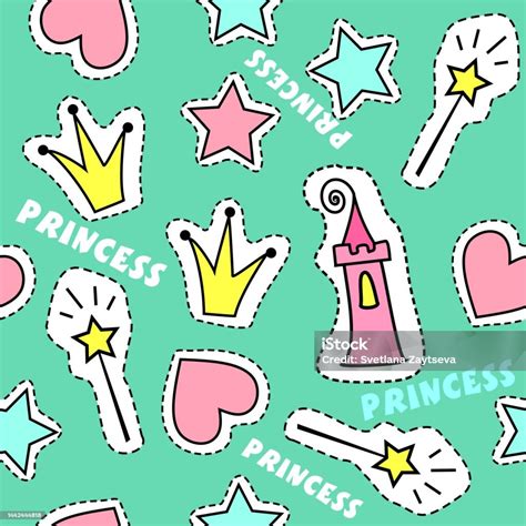 원활한 공주 패턴입니다 여자를 위한 멋진 트렌디한 청록색 패턴 벡터 일러스트레이션 크라운 하트 매직 리프 마술 지팡이 별은 청록색 배경에 있습니다 소녀들을위한 멋진 파티 0