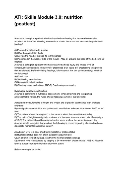 Ati Skills Module 3 0 Nutrition Posttest Questions And Correct Detailed Answers With