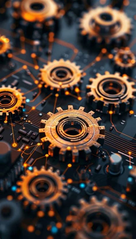 Close Up Of Interlocking Gears And Advanced Circuitry Illustrating