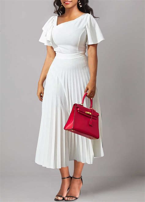 Short Sleeve Asymmetry White Asymmetrical Neck Dress Short Sleeve