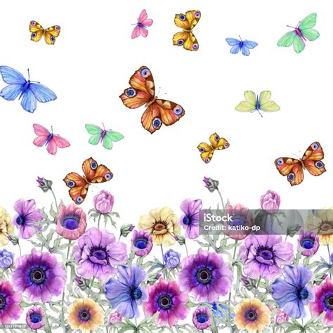 아름 다운 다채로운 말미 잘 꽃과 흰색 바탕에 녹색 잎 비행 나비 완벽 한 꽃 패턴 테두리입니다 수채화 그림입니다 손으로 그린 Illustratio 개화기에 대한 스톡 벡터