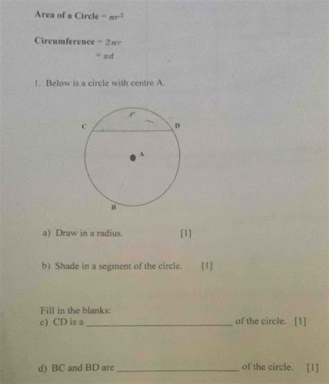 solved area of a circle π r 2 circumference 2π r π d 1 below is a