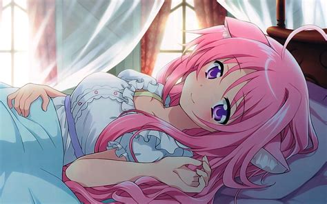 Pink Haired Female Anime Character Lying On Bed Digital Wallpaper Girl