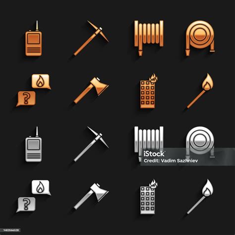 소방관 도끼 호스 릴 불타는 성냥 불타는 건물 전화 긴급 전화 911 워키토키 및 곡괭이 아이콘을 설정합니다 벡터 건축하기에 대한 스톡 벡터 아트 및 기타 이미지 Istock