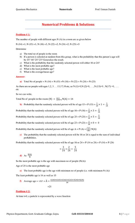 Numerical Problems Solutions Physics Department Govt Graduate College Gojra Cell Studocu