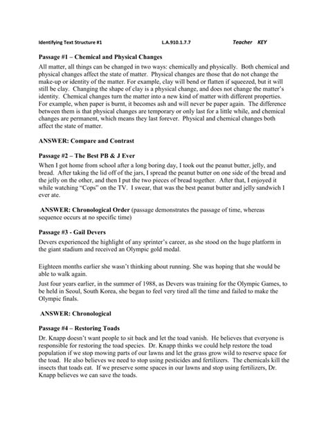 Identifying Text Structure 1 Worksheets Answer Key