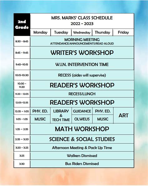 2022 2023 Class Schedule Welcome To Mrs Marks 2nd Grade Class