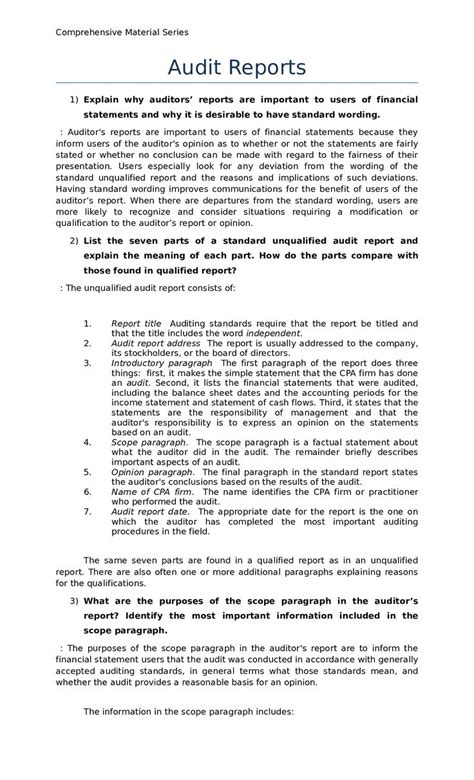 Auditing Audit Reports Questions And Answers All Answers Are Correct