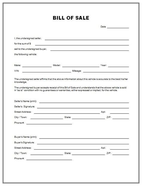 Bill Of Sale Vehicle Template Word
