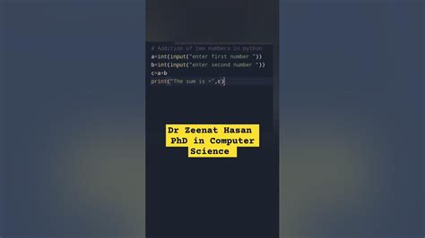Addition Of Two Numbers Program In Python Pythonprogramming Youtube