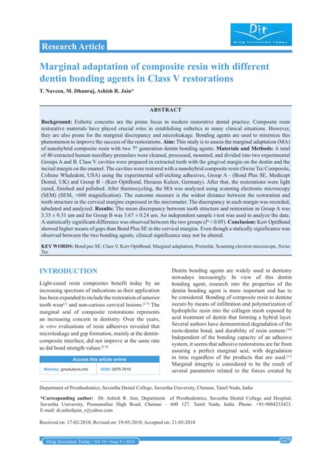 Pdf Marginal Adaptation Of Composite Resin With Different Dentin Bonding Agents In Class V