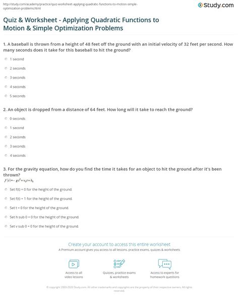 Quiz And Worksheet Applying Quadratic Functions To Motion And Simple