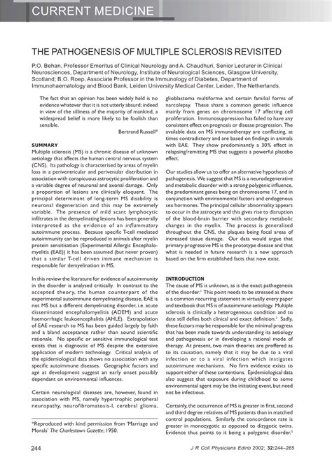 The Pathogenesis Of Multiple Sclerosis Revisited Docslib
