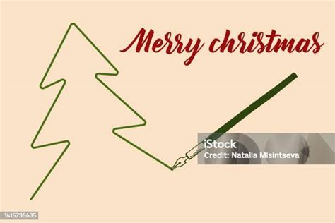 메리 크리스마스 인사말 카드 전나무 잉크 펜 그림 겨울 휴가 축하 낙서 가문비 나무 침엽수 림 식물 크리스마스 축하합니다 서예 레터링 벡터 레트로 엽서 12월에 대한 스톡