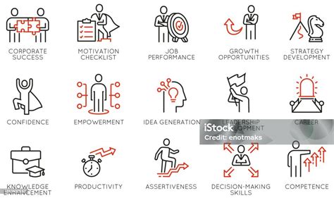 코칭 기술 경력 개발 자기 실현 및 리더십 개발을 위해 노력하는 선형 아이콘의 벡터 세트 모노 라인 픽토그램 및 인포그래픽 디자인 요소 아이콘에 대한 스톡 벡터 아트 및