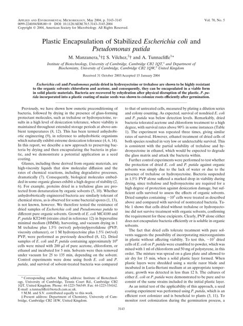 Pdf Tolerance Of Plastic Encapsulated Pseudomonas Putida Kt2440 To Chemical Stress