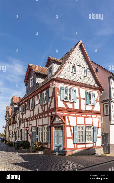 Old Timbered Medieval Houses In Butzbach Germany Under Blue Sky Stock