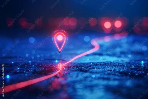 Digital Route Map With Glowing Red Location Pins And Path Markers At Night Navigation Tracking
