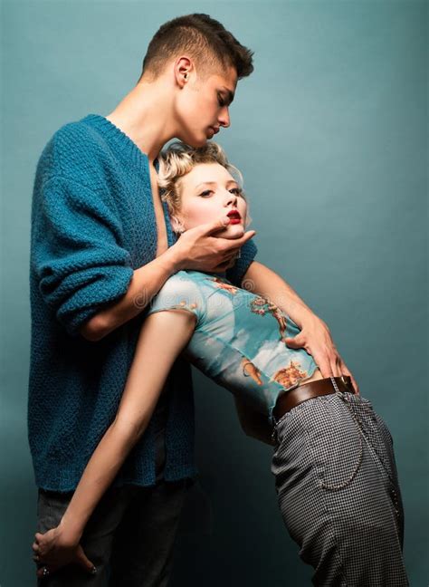 Portrait Of Lovely Couple In Love Young Sensual Girlfriend Glad To