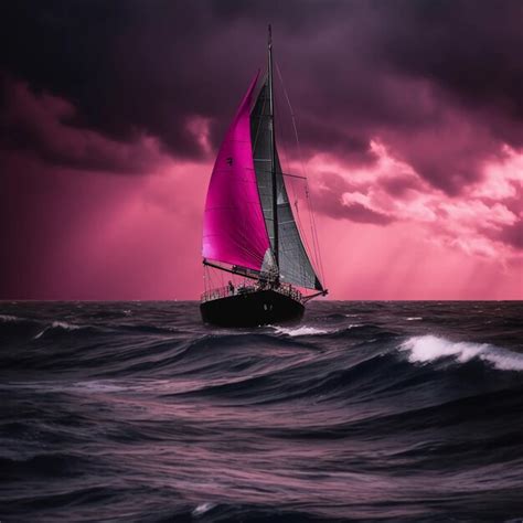 Premium AI Image A Big Pink Sailboat With Black Sails Drifting In The Open Sea During Storm