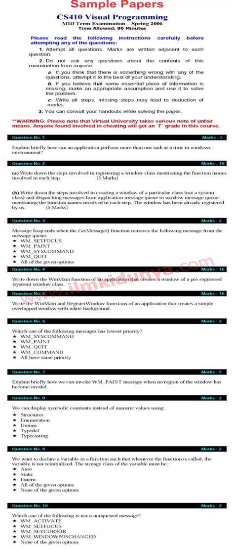 CS Visual Programming Master Of Information Technology VU University Past Papers Mid