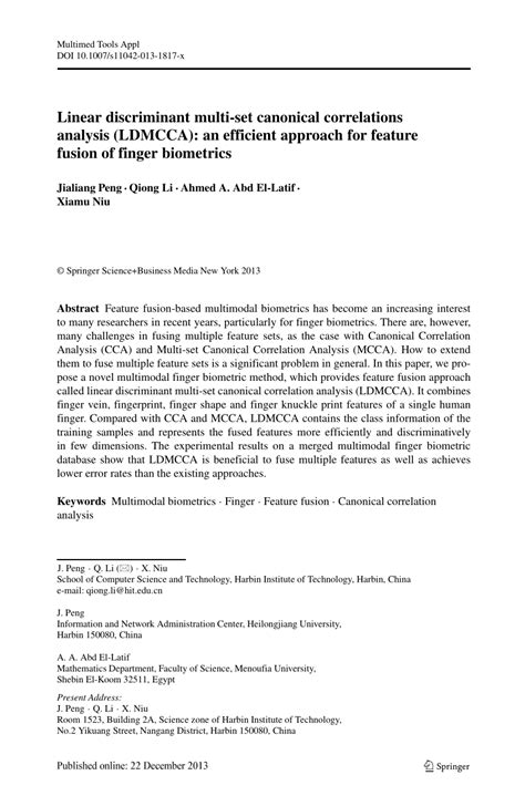 Pdf Linear Discriminant Multi Set Canonical Correlations Analysis Ldmcca An Efficient