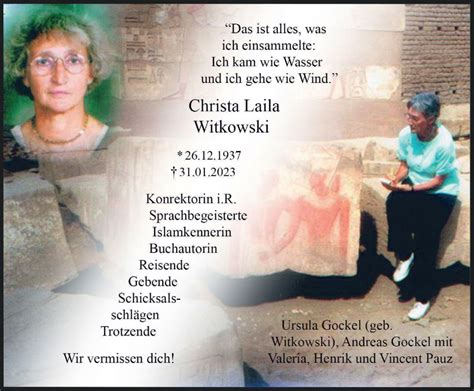 Traueranzeigen Von Christa Laila Witkowski Trauer In Nrwde