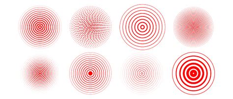 빨간색 동심원 세트입니다 방사형 수중 음파 탐지기 또는 음파 링 수집 하프톤 점선 및 점선 진원지 표적 레이더 아이콘 심볼 팩