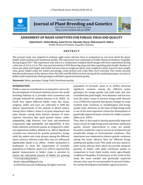 Pdf Assessment Of Maize Genotypes For Forage Yield And Quality