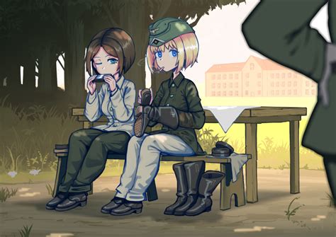 Safebooru 2girls Bench Black Footwear Blonde Hair Boots Brown Hair
