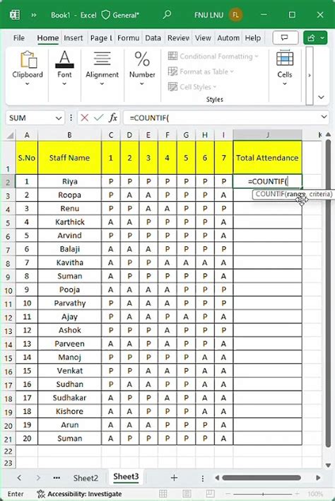 countif formula in excel attendance count formula in excel youtube