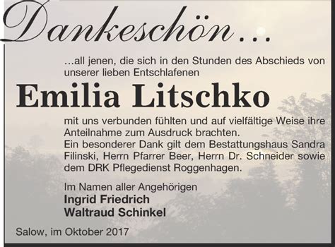 Traueranzeigen Von Emilia Litschko Trauer Nordkurier