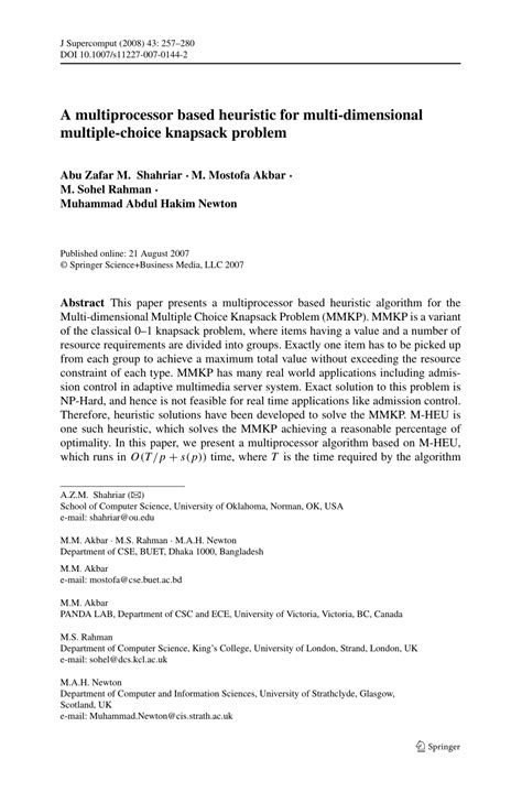 Pdf A Multiprocessor Based Heuristic For Multi Dimensional Multiple Choice Knapsack Problem
