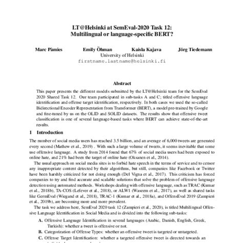 LT Helsinki At SemEval Task Multilingual Or Language Specific BERT ACL Anthology