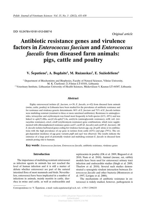 Pdf Antibiotic Resistance Genes And Virulence Factors In Enterococcus