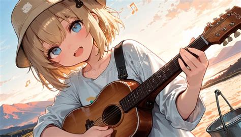 Blonde Anime Girl Playing Guitar In Golden Hour Landscape Stock Illustration Illustration Of Blonde Anime Girl Playing Guitar In Golden Hour Landscape Stock Illustration Illustration Of