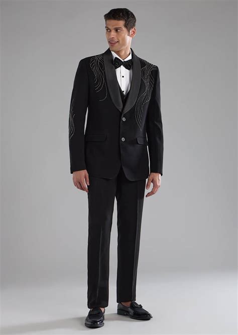Buy Black Stone Embellished Tuxedo And Bow Tie Set Kalki Fashion India