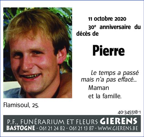 Avis De Décès De Pierre De Barsy Décédé Le 11 10 1990 à Bastogne Annonce Condoléances Fleurs