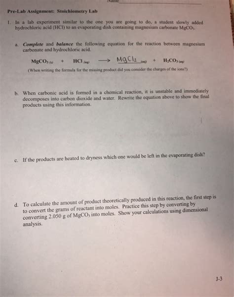 solved name pre lab assignment stoichiometry lab 1 in a
