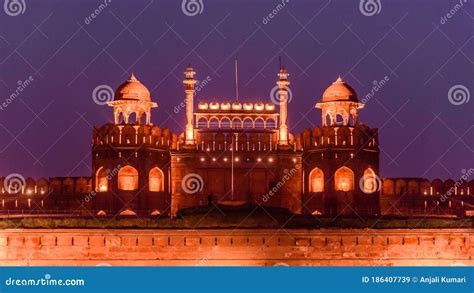 Night View Of Red Fort Delhi Stock Image Image Of Complex Building