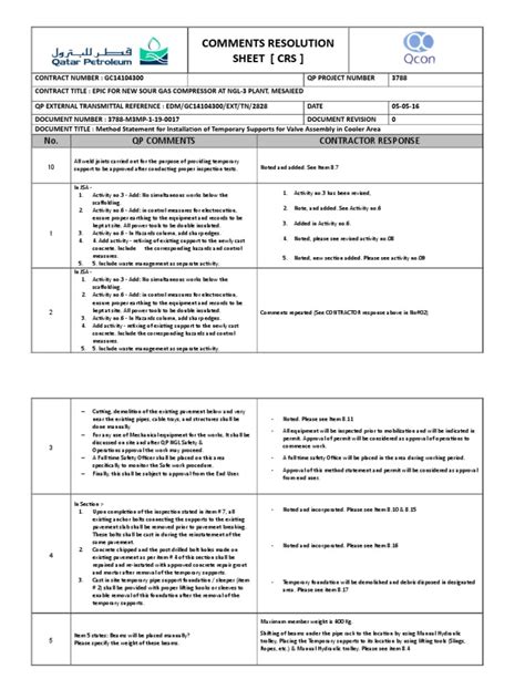 Comments Resolution Sheet Crs No Qp Comments Contractor Response Pdf Road Surface
