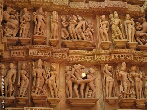 Erotic Sculptures And Sex Poses Of Man In Kajuraho Temples Madhya Pradesh India Built Around