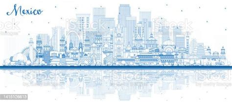 파란색 건물과 반사가있는 멕시코 국가 스카이 라인을 윤곽을 그립니다 과달라하라에 대한 스톡 벡터 아트 및 기타 이미지