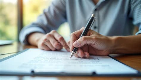 Person Fills Out Paperwork With Pen Formal Document Completion Application Form Official