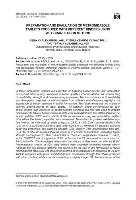 Pdf Preparation And Evaluation Of Metronidazole Tablets Produced With Different Binders Using