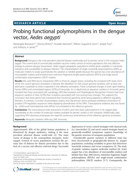 Pdf Probing Functional Polymorphisms In The Dengue Vector Aedes Aegypti